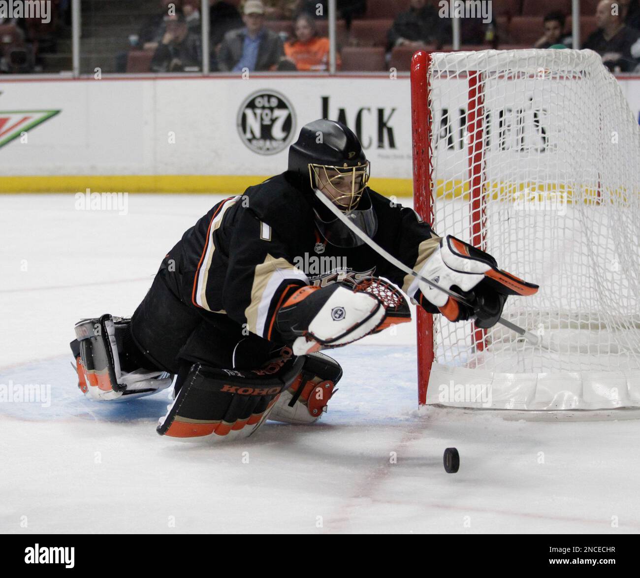 Anaheim Ducks goalie Jonas Hiller, of Switzerland, in the first period ...