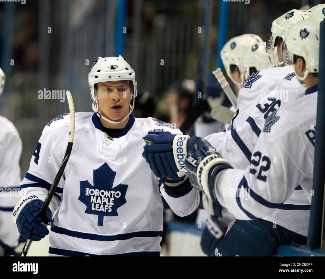 Toronto Maple Leafs center Mikhail Grabovski, left, celebrates with his ...