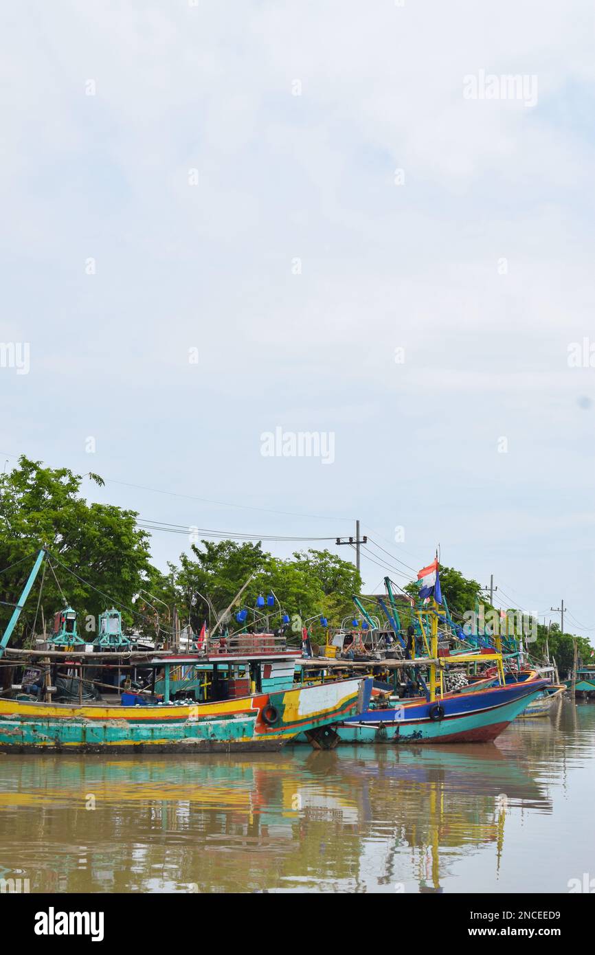 Traditional fishing boat in Pasuruan Indonesia harbor. on the island of ...