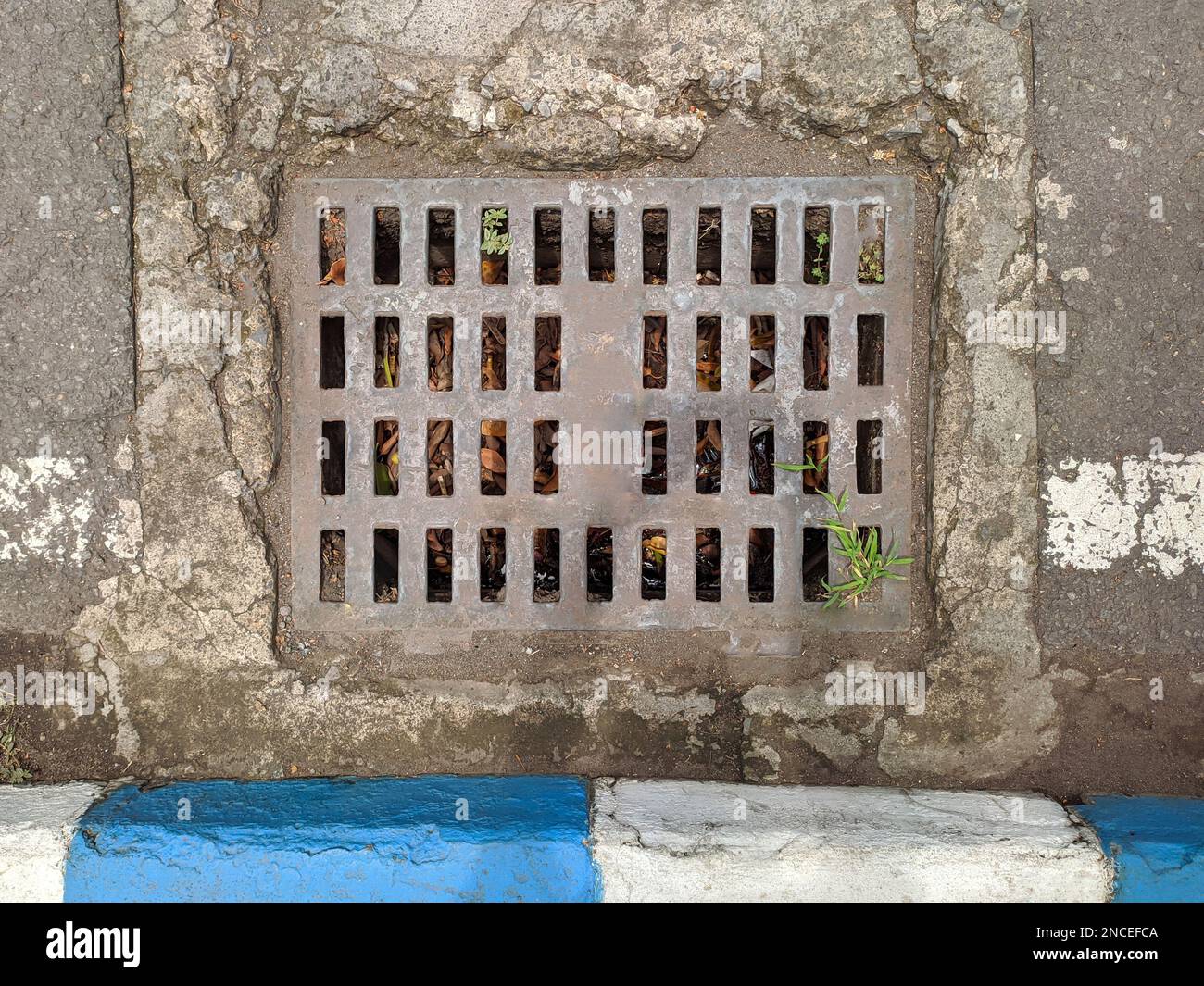 Water Drain on pavement road. Steel closed drains Stock Photo - Alamy
