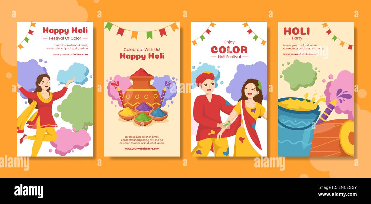 Happy Holi Festival Social Media Stories Flat Cartoon Hand Drawn ...