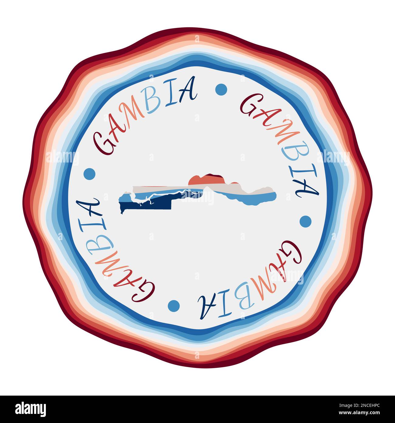 Gambia badge. Map of the country with beautiful geometric waves and vibrant red blue frame ...