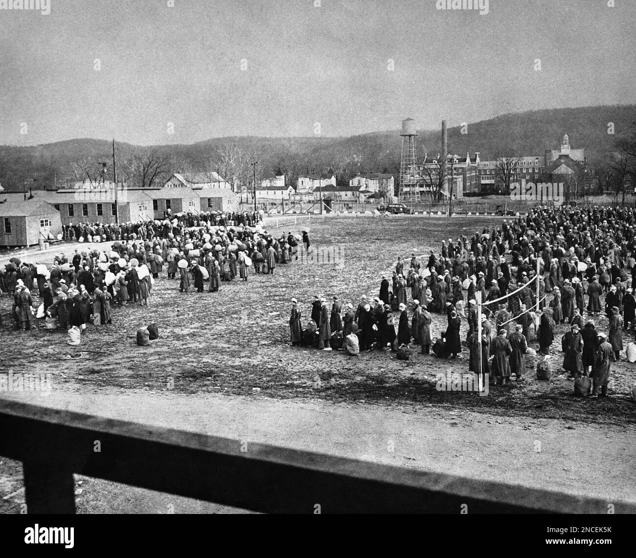 German prisoners of war line up in groups at Camp Shanks, New York, on ...