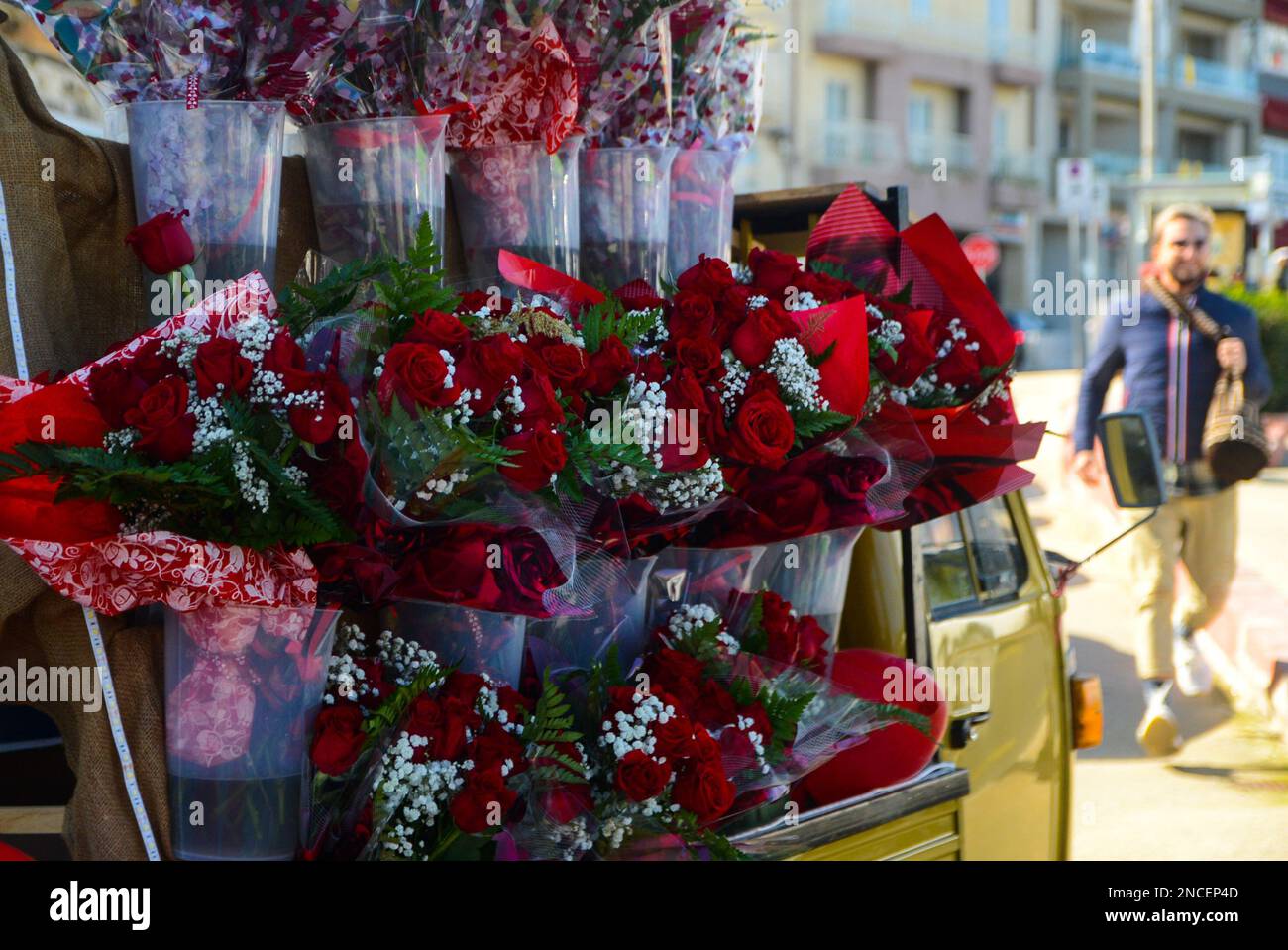 Valletta, Malta. 14th Feb, 2023. Red roses are seen on the street on ...