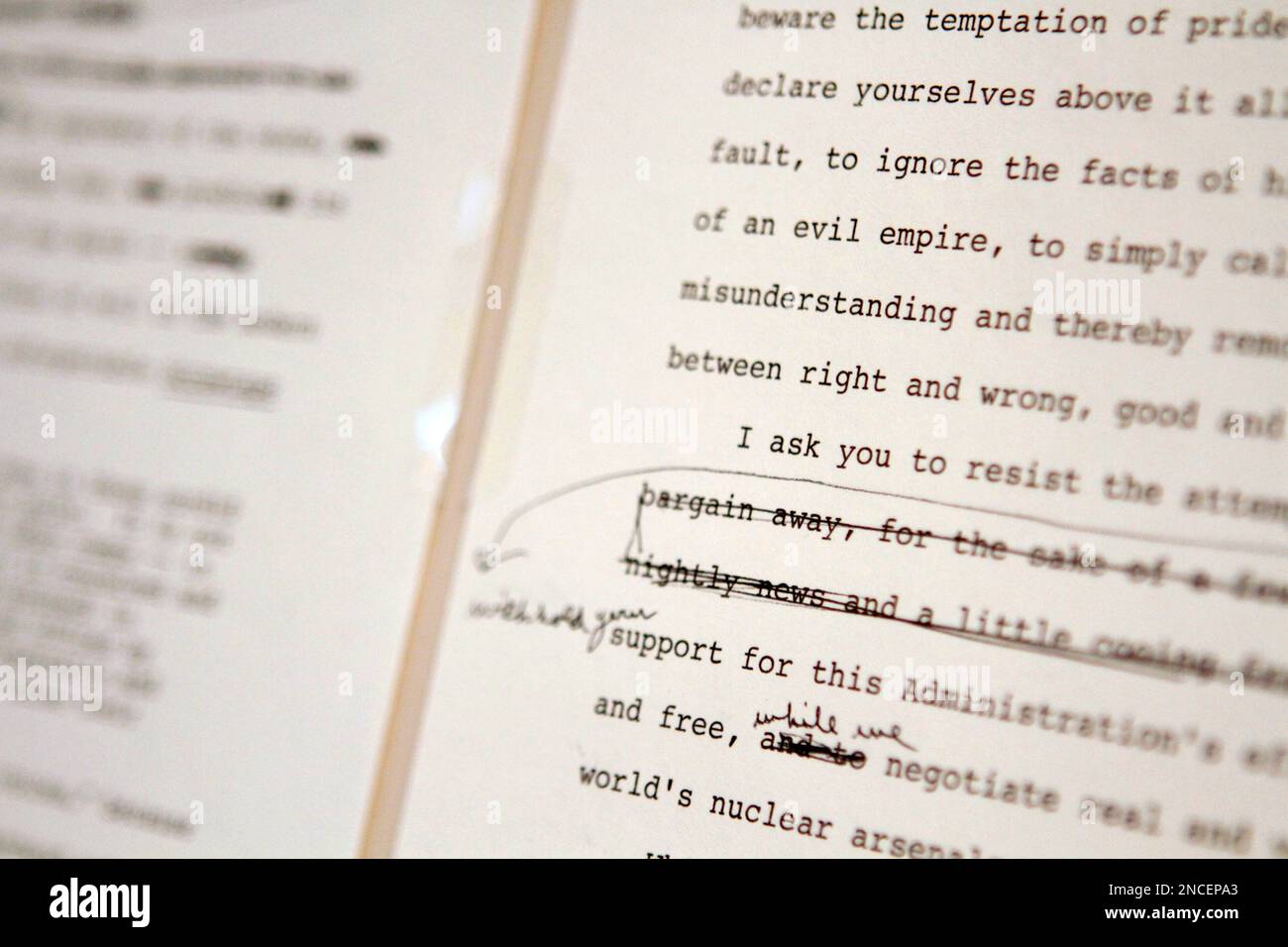 Pages of President Ronald Reagan's "Evil Empire" speech, with his hand ...
