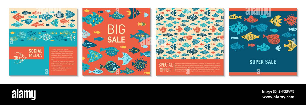 Abstract fish trendy cover, square card design set. Exotic nautical ...