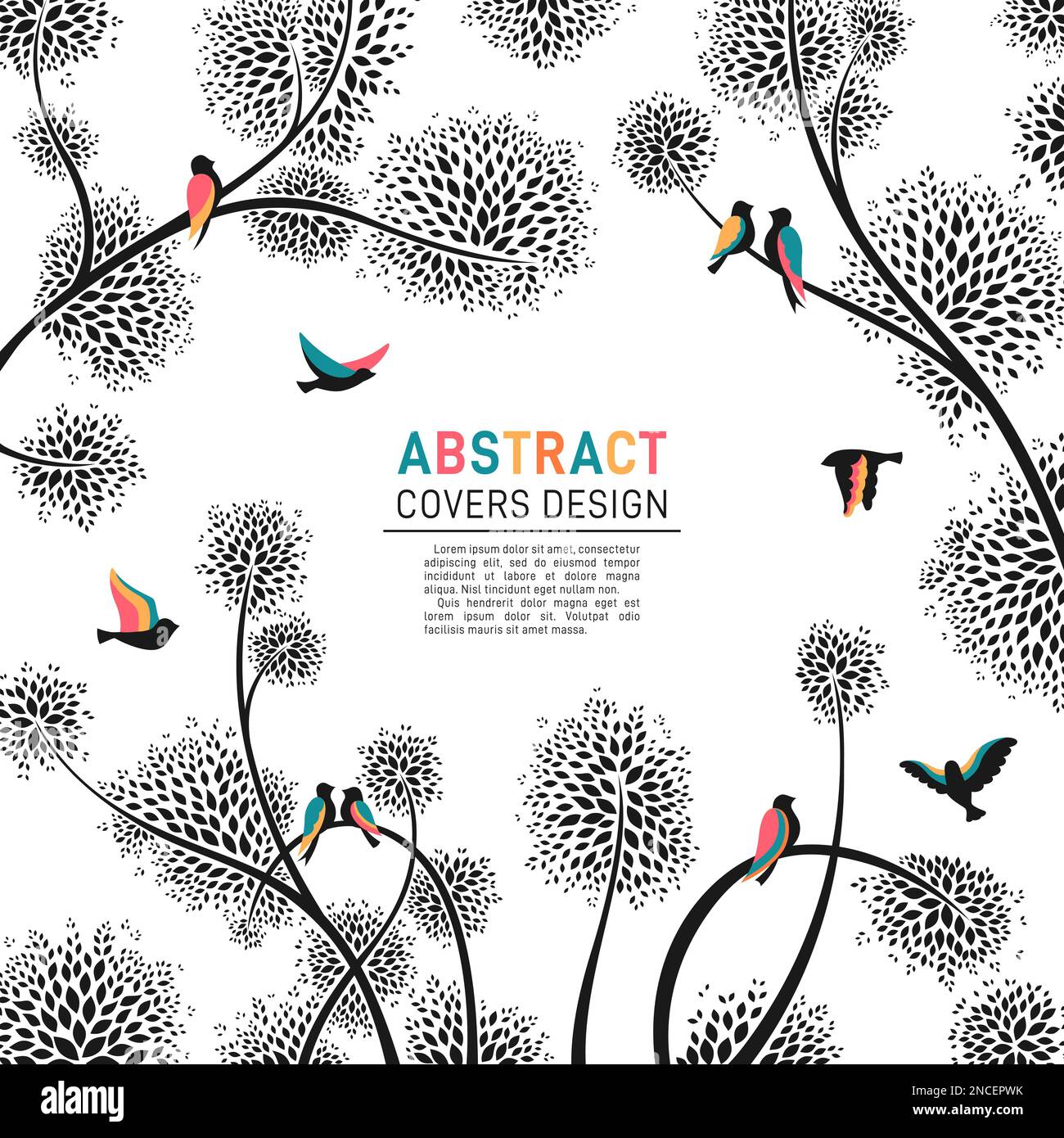 Flock of bird and tree abstract square template. Asian exotic pattern ...