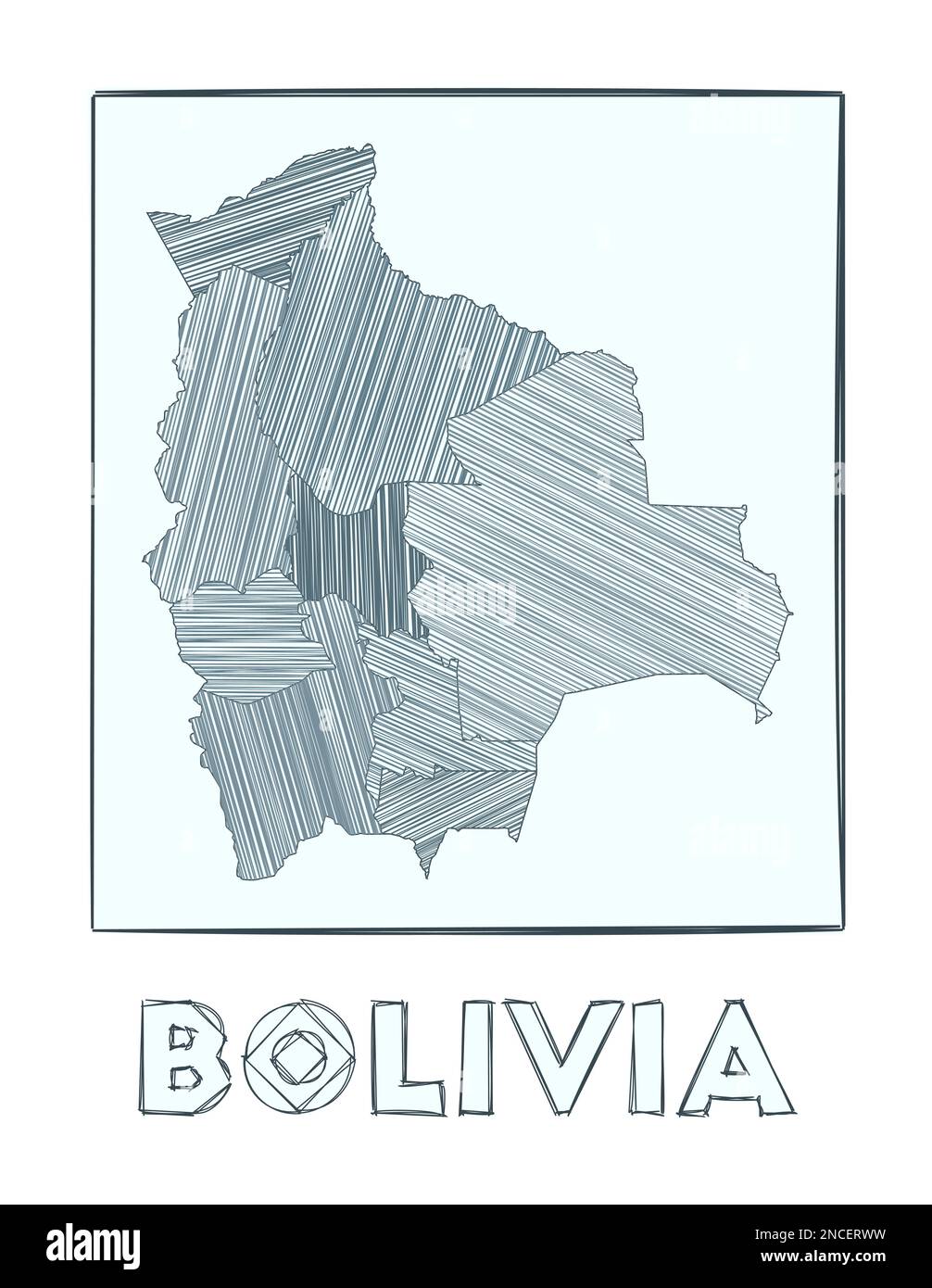 Sketch map of Bolivia. Grayscale hand-drawn map of the country. Filled ...