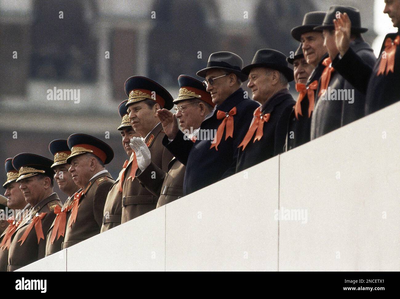 Soviet leader Yuri Andropov stands with top soviet dignitaries on the ...