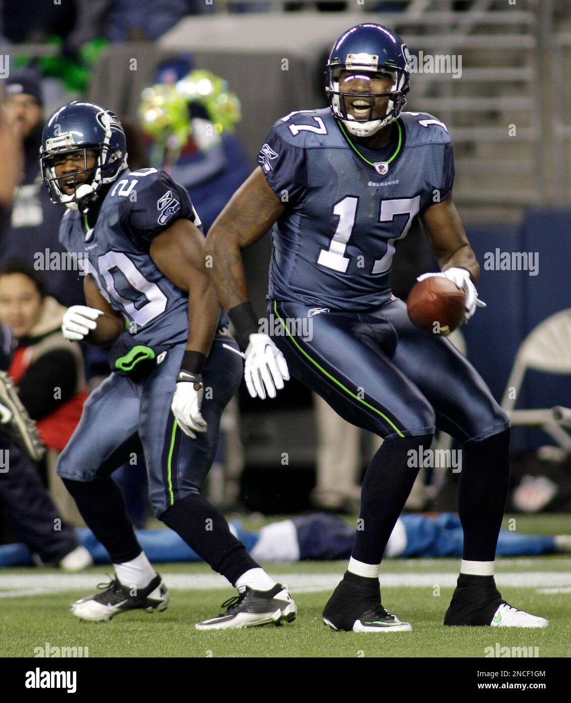 Seattle Seahawks' Mike Williams (17) celebrates with Seahawks' Justin ...