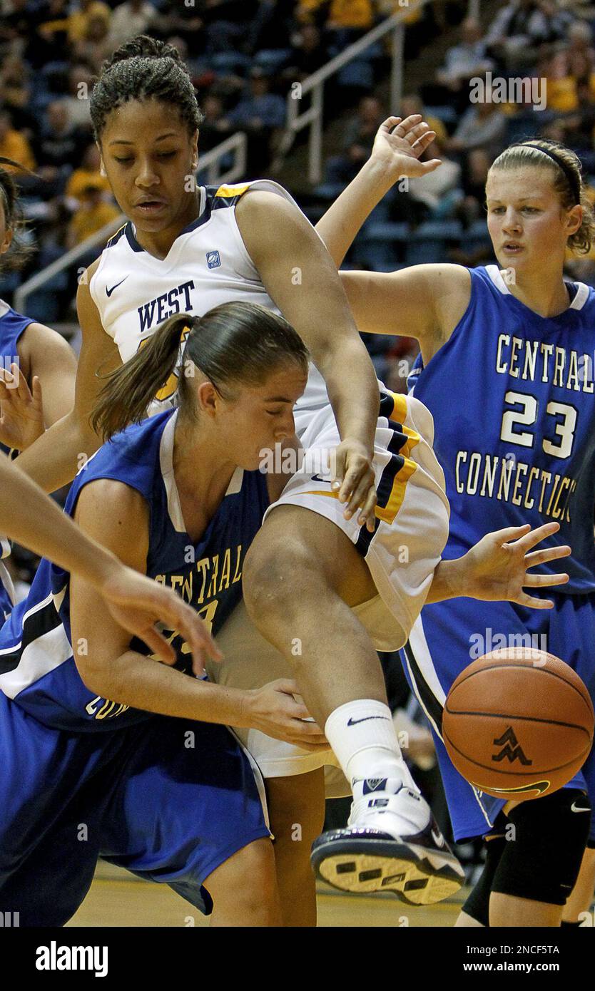 West Virginia's Ayana Dunning, top, and Central Connecticut State's ...