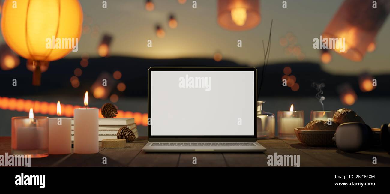 Close-up image of workspace with laptop white screen mockup and burning ...