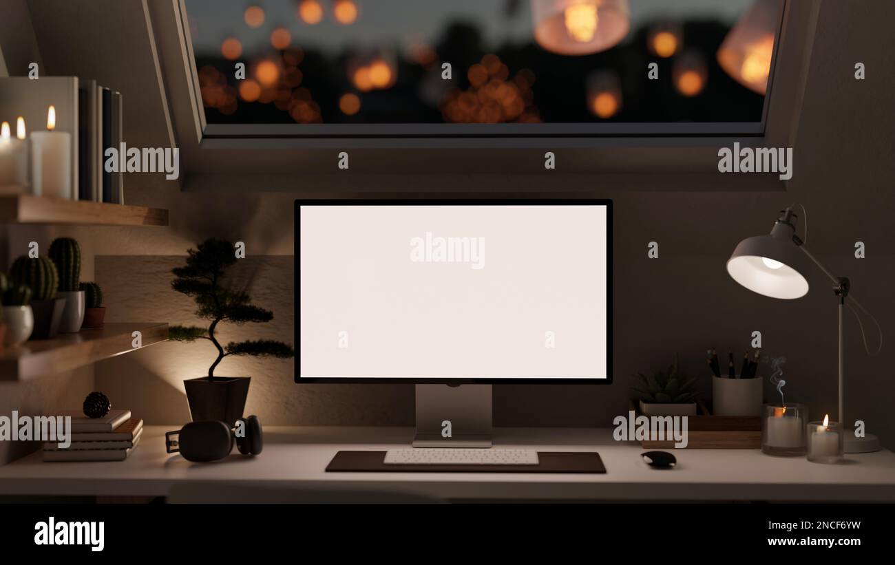 Beautiful home working desk in attic room with beautiful lanterns in ...