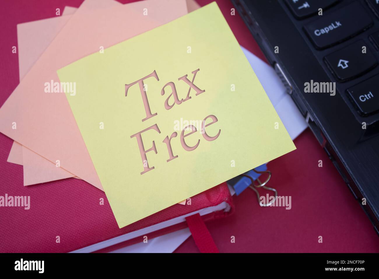 Tax Free. Text on adhesive note paper. Event, celebration reminder ...
