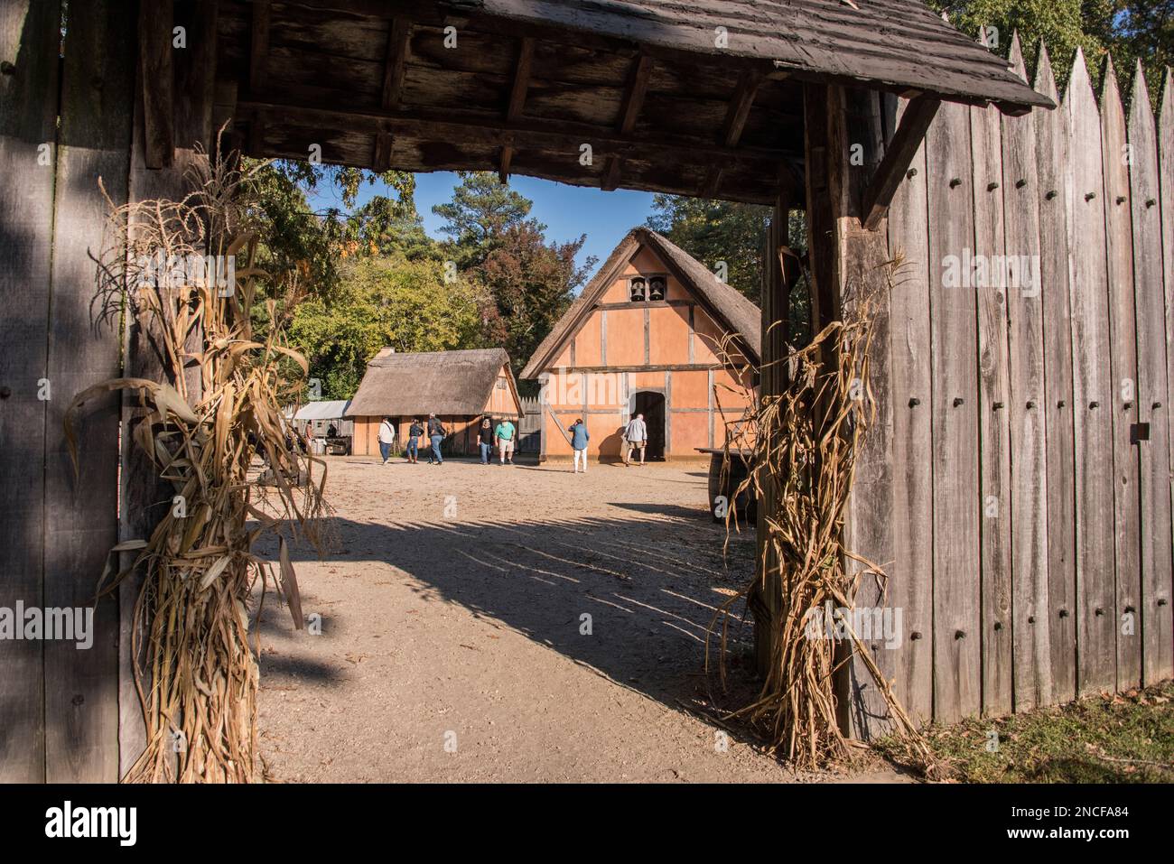 Looking into the re-created Jamestown fort through the main gate ...