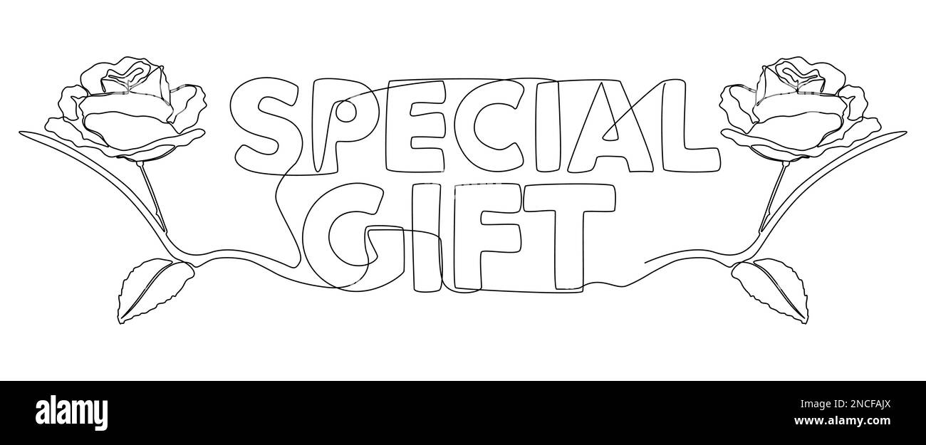 One continuous line of Special Gift word with rose flowers. Thin Line ...
