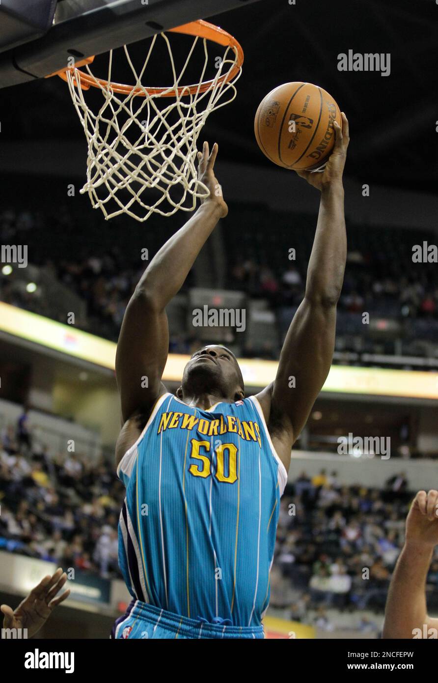 New Orleans Hornets center Emeka Okafor (50) puts up a shot during an ...