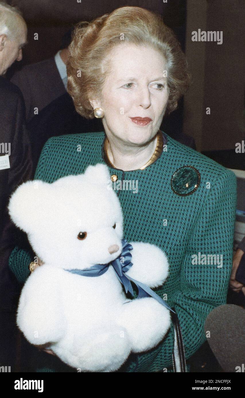 British Prime Minister Margaret Thatcher with a teddy bear she had just ...