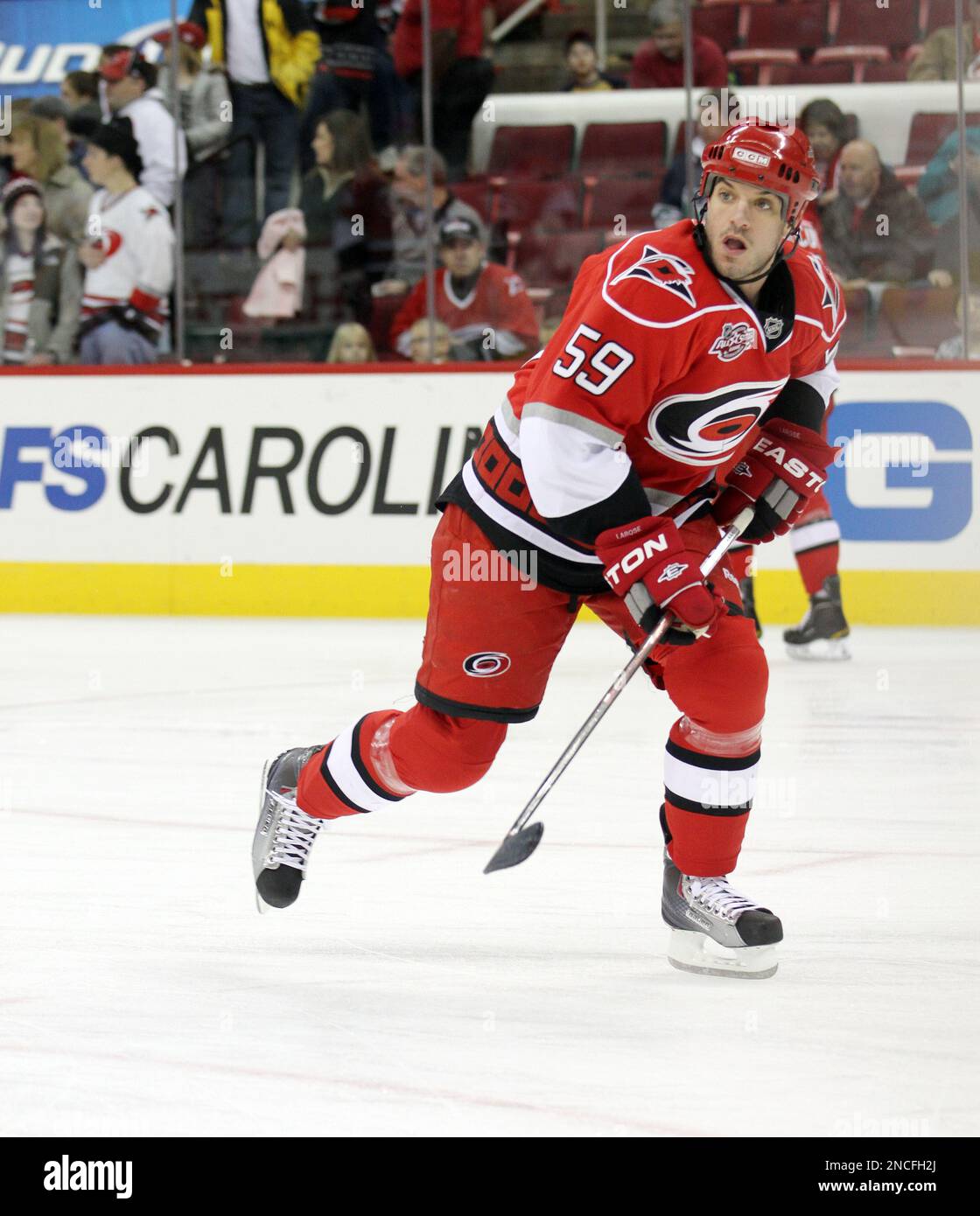 Carolina Hurricanes right wing Chad LaRose (59)warms up before a NHL ...