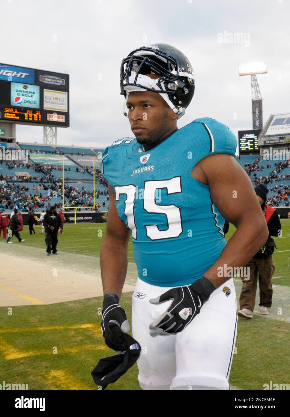 Jacksonville Jaguars offensive tackle Eugene Monroe (75) leaves the field after their overtime ...