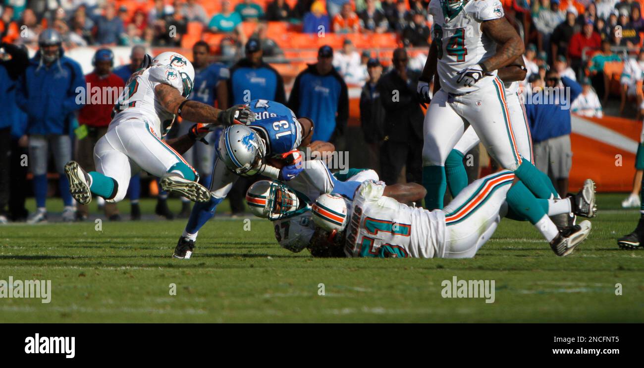 Miami Dolphins players Tim Dobbins (51), Channing Crowder (52) and ...