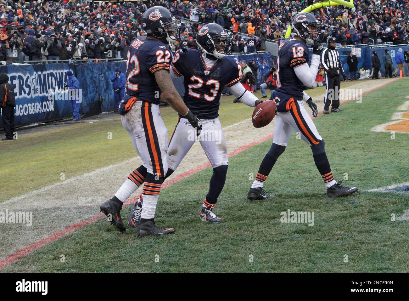 Chicago Bears' Devin Hester(23) celebrates with Matt Forte(22) and ...