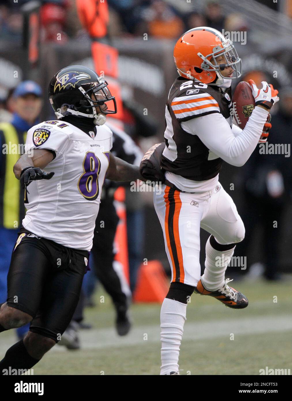 Cleveland Browns cornerback Joe Haden (23) makes an interception of a ...