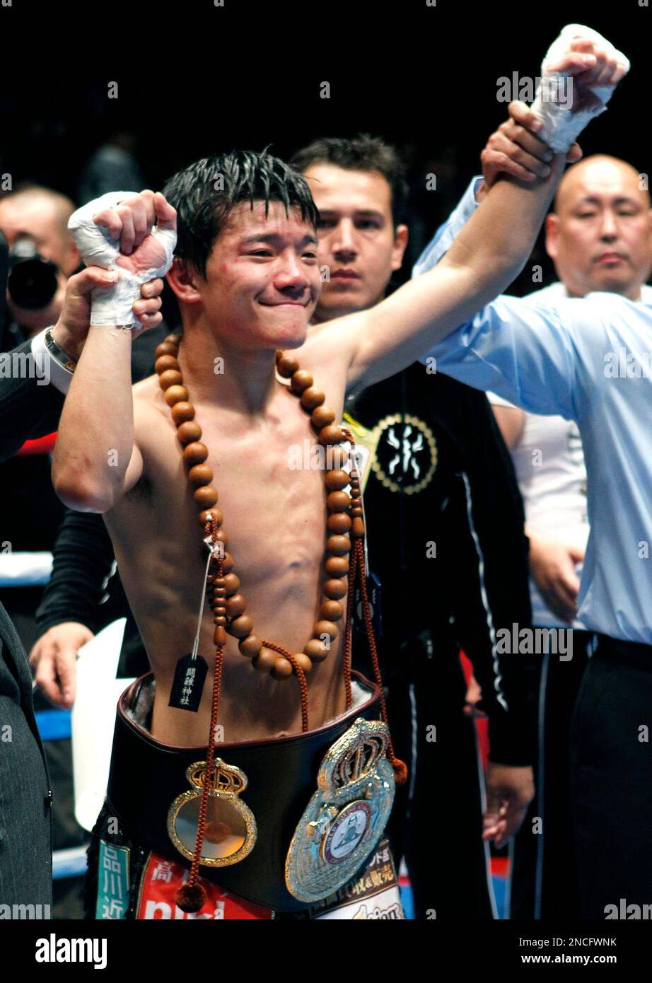 The referee declares Japanese champion Daiki Kameda the winner of the WBA flyweight world title ...