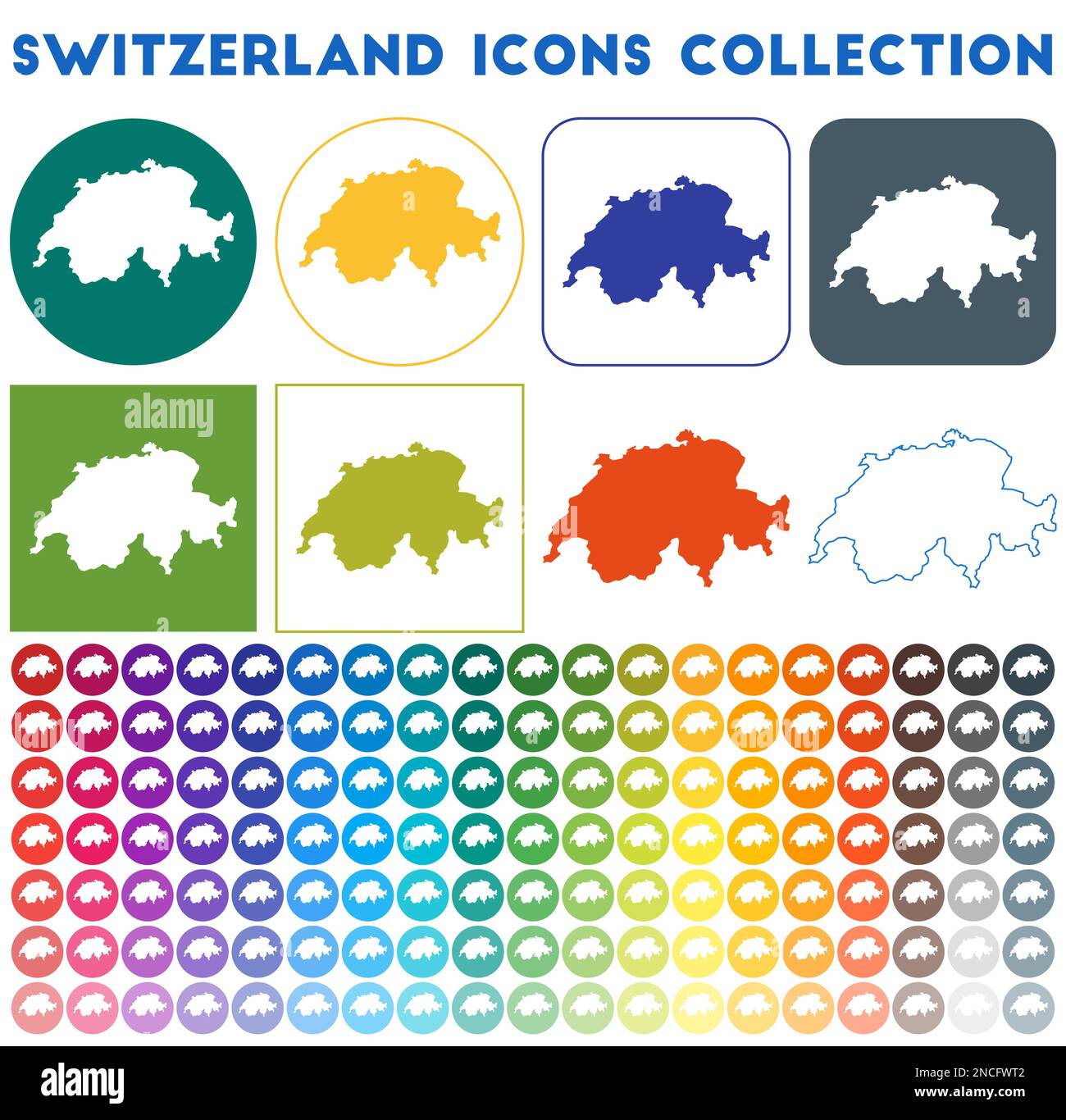 Switzerland icons collection. Bright colourful trendy map icons. Modern ...