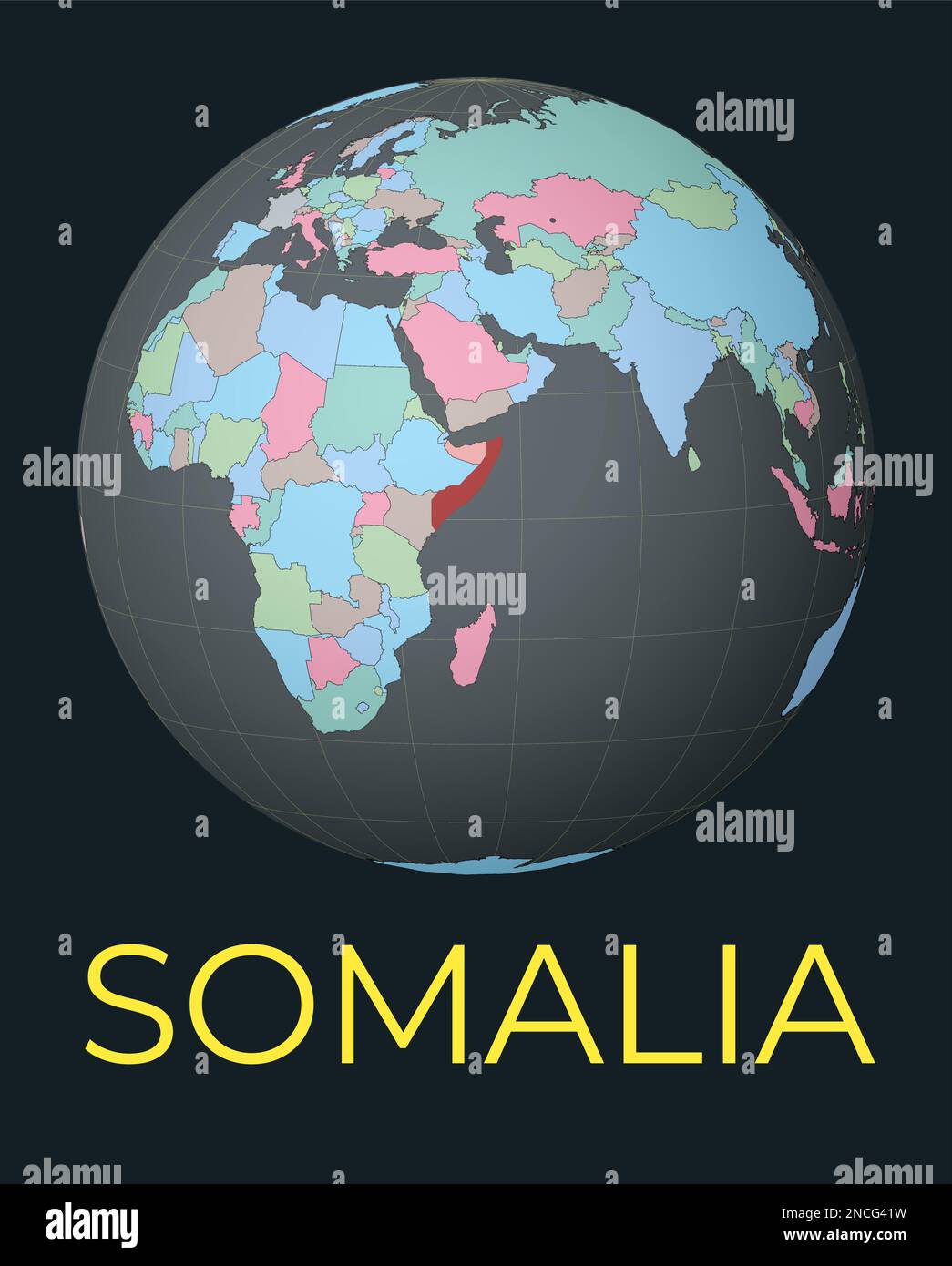 World map centered on Somalia. Red country highlighted. Satellite world ...