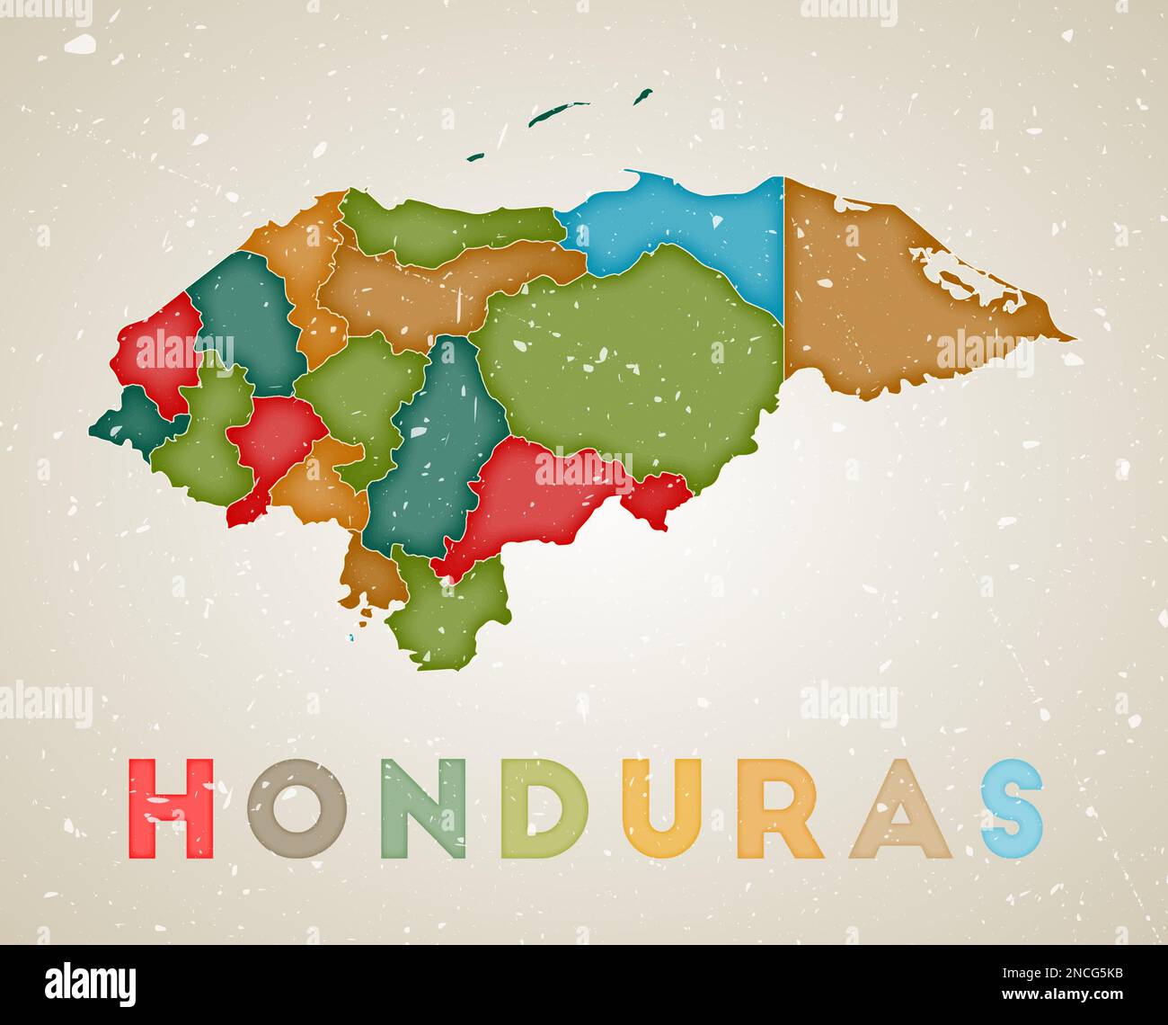 Honduras map. Country poster with colored regions. Old grunge texture ...