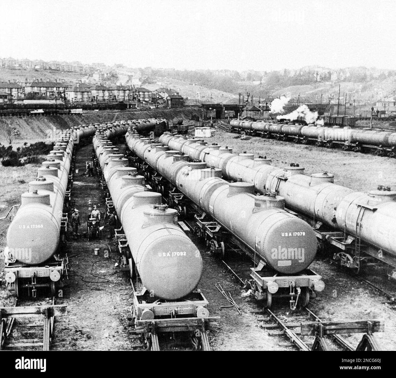 Columns of American-built tank cars assembled by British civilian labor ...