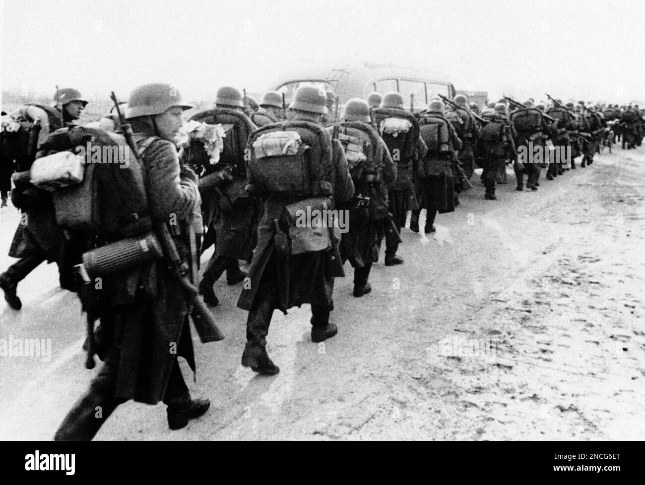 Nazi soldiers on the march over an unnamed road in Denmark, April 9 ...