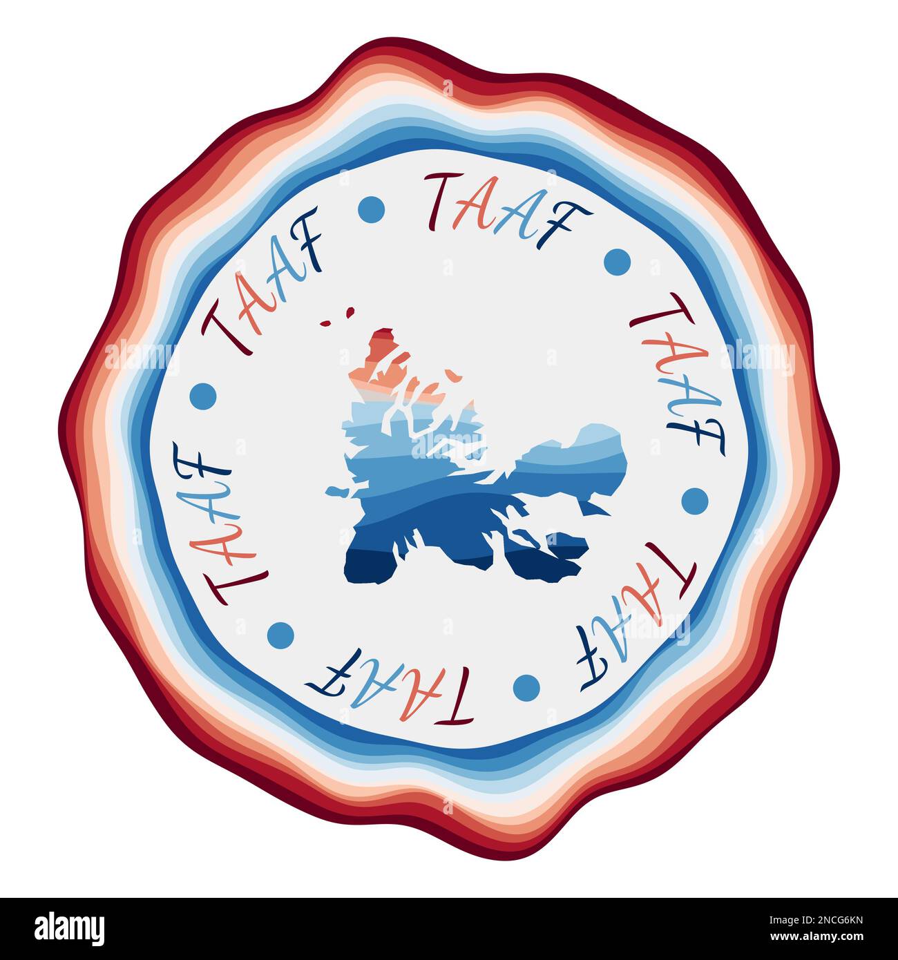 TAAF badge. Map of the country with beautiful geometric waves and vibrant red and blue frame ...