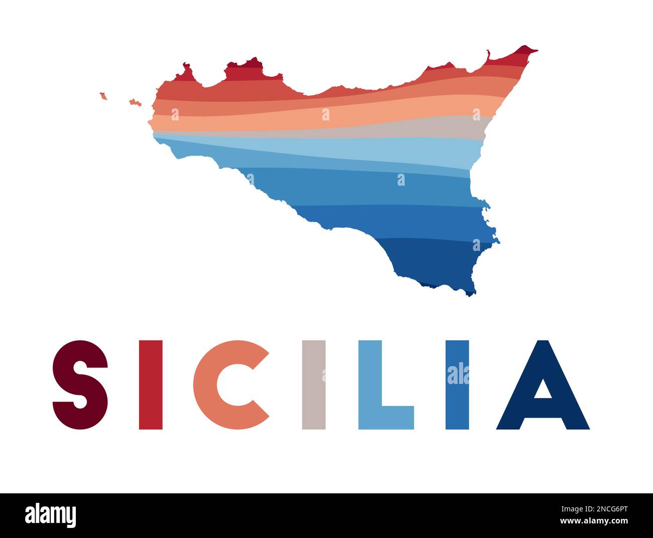 Sicilia map. Map of the island with beautiful geometric waves in red ...