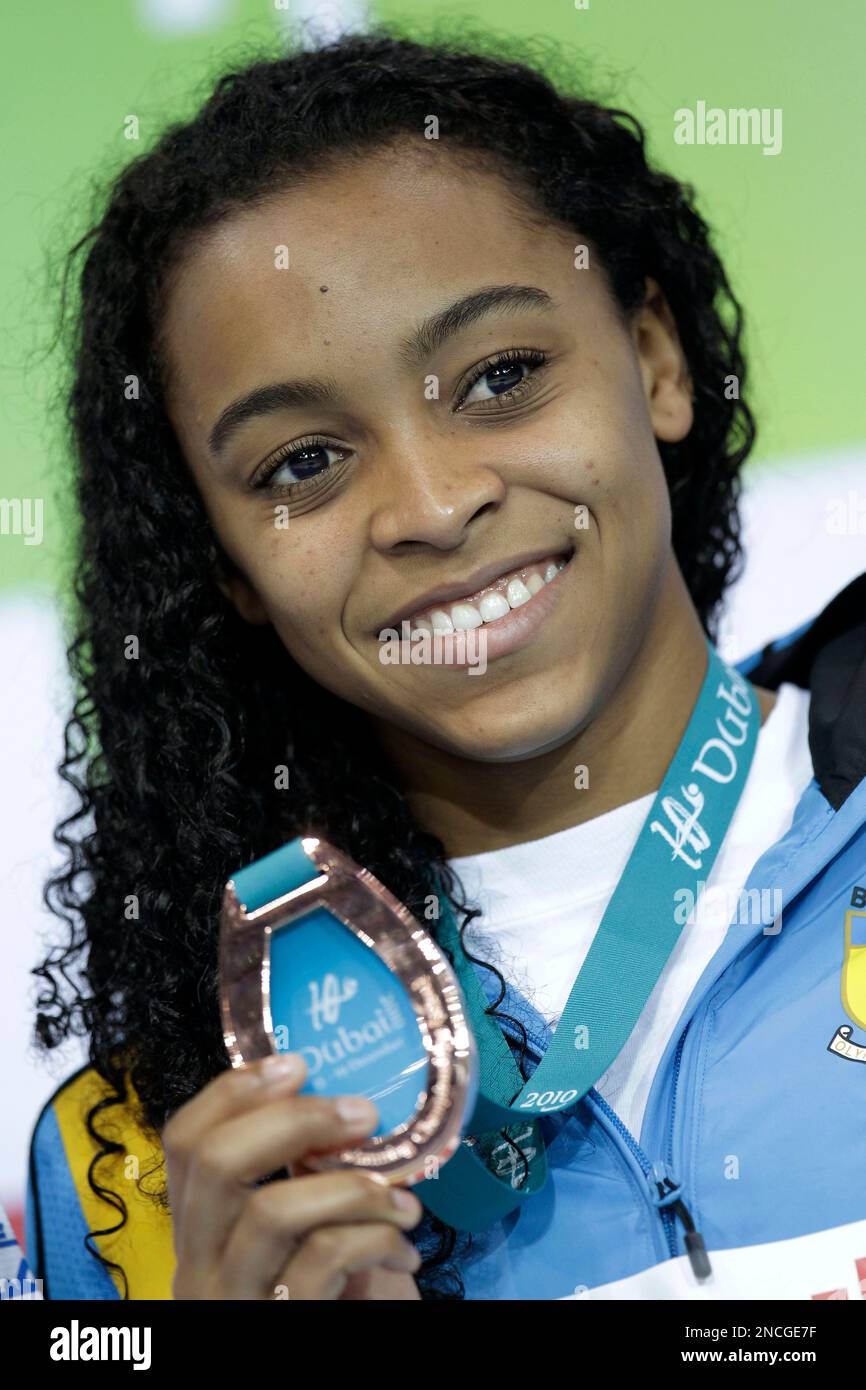 Arianna Vanderpool-Wallace from the Bahamas shows off her bronze medal ...