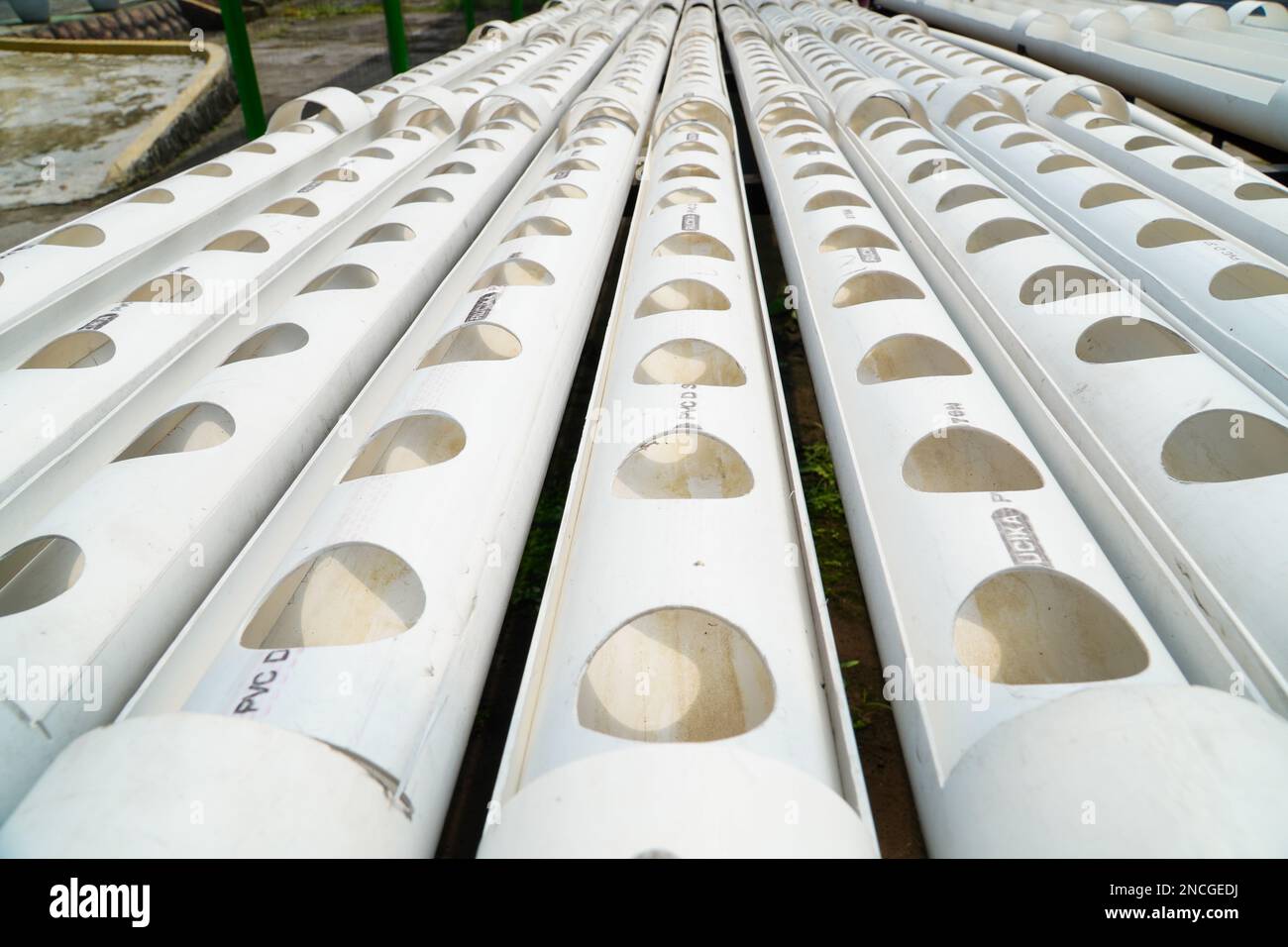 Hydroponics rail empty in greenhouse background. Hydroponic gully in ...