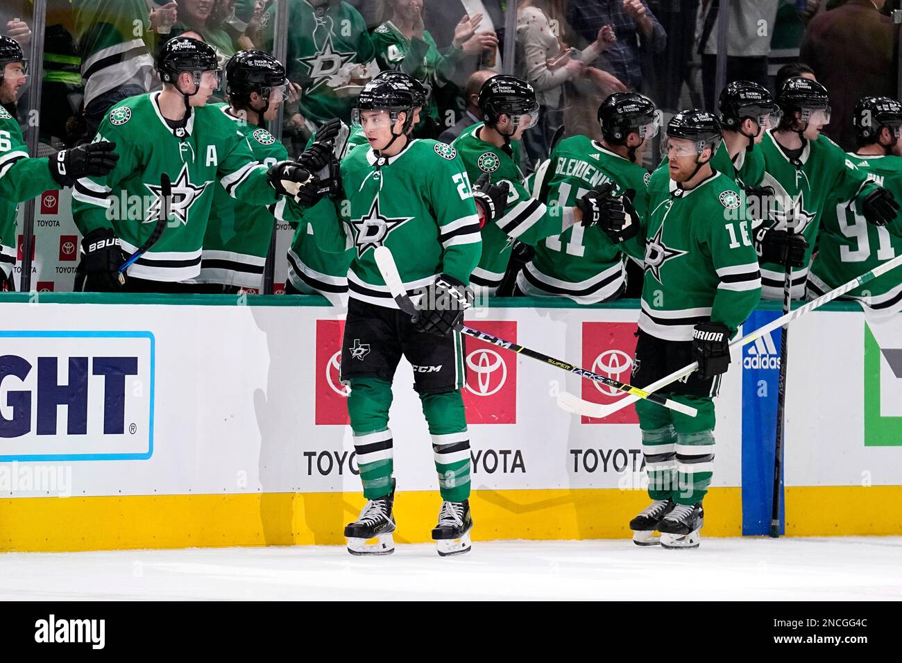 Dallas Stars' Jason Robertson (21) and Joe Pavelski (16) celebrate with ...