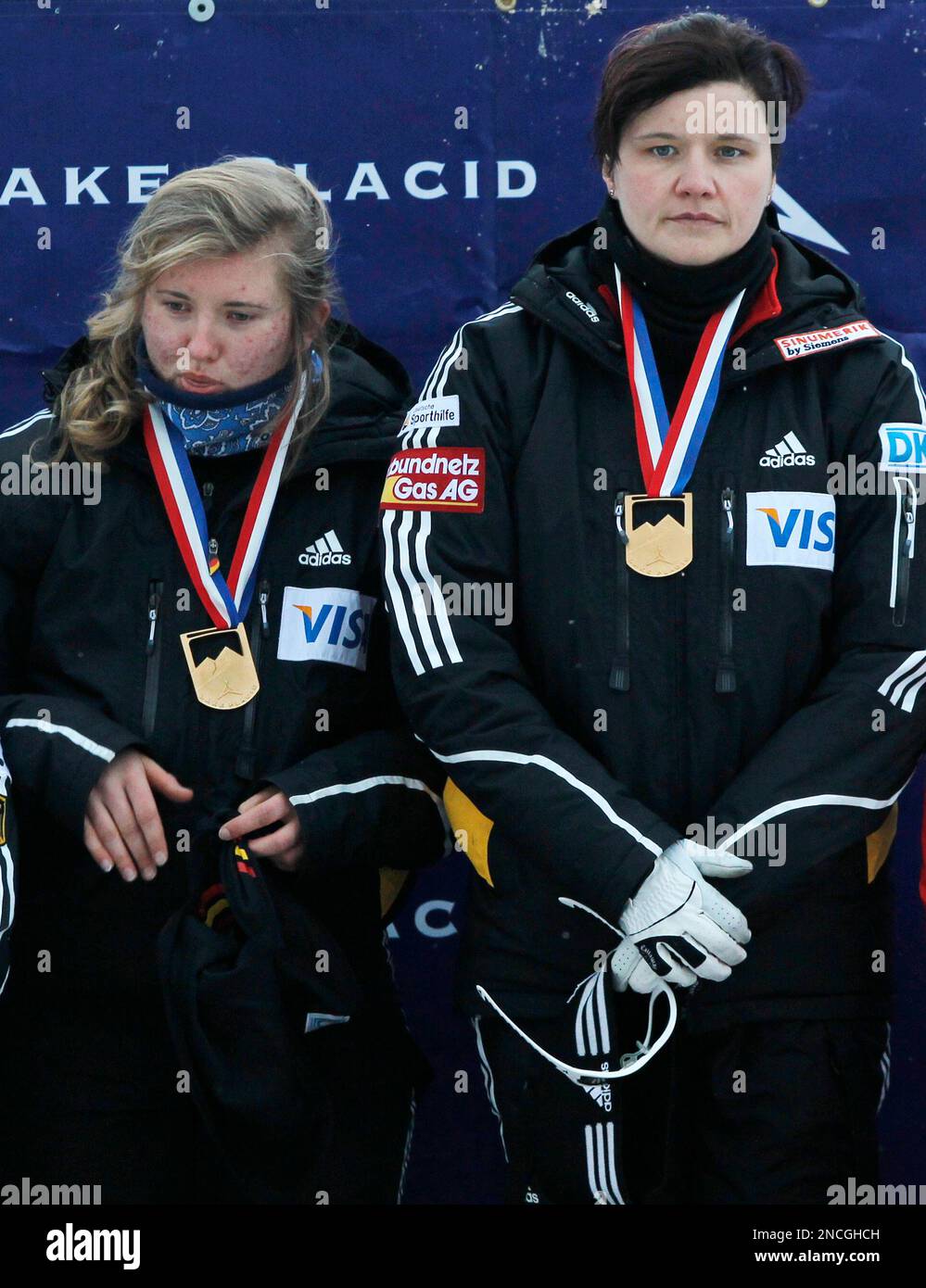 Germany's Stephanie Schneider, left, and Sandra Kiriasis pose with ...