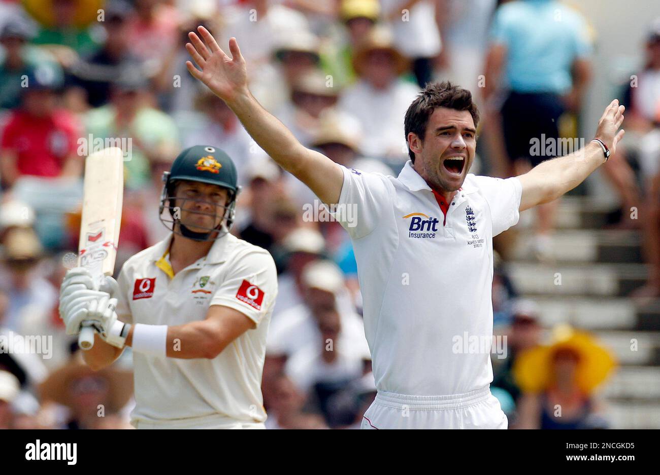 England's James Anderson, right, appeals for the wicket of Australia's ...