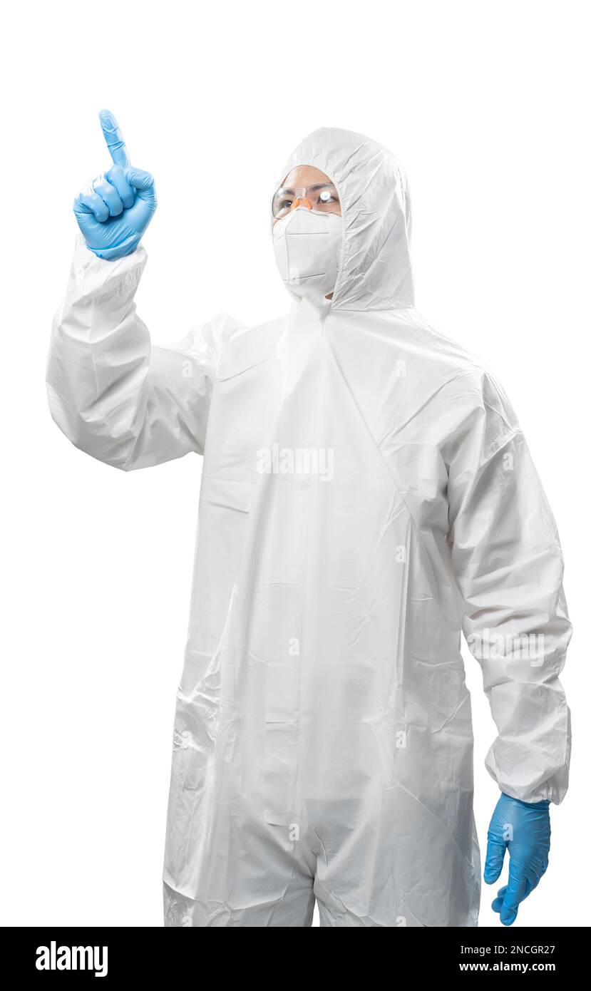 Worker wears medical protective suit or white coverall suit with mask ...