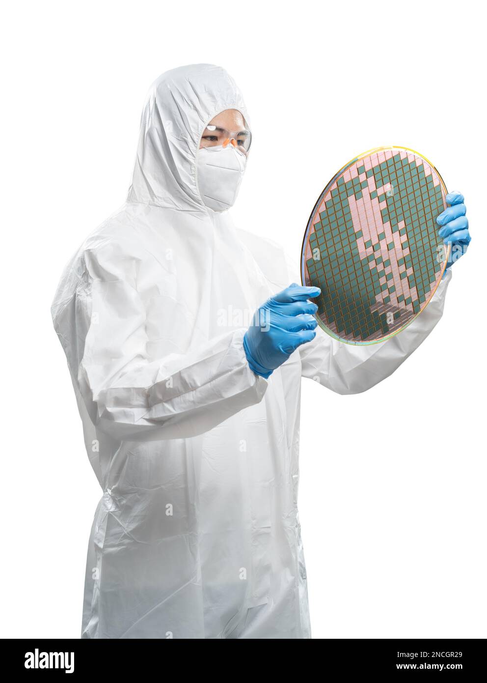Worker or engineer wears medical protective suit or white coverall suit ...