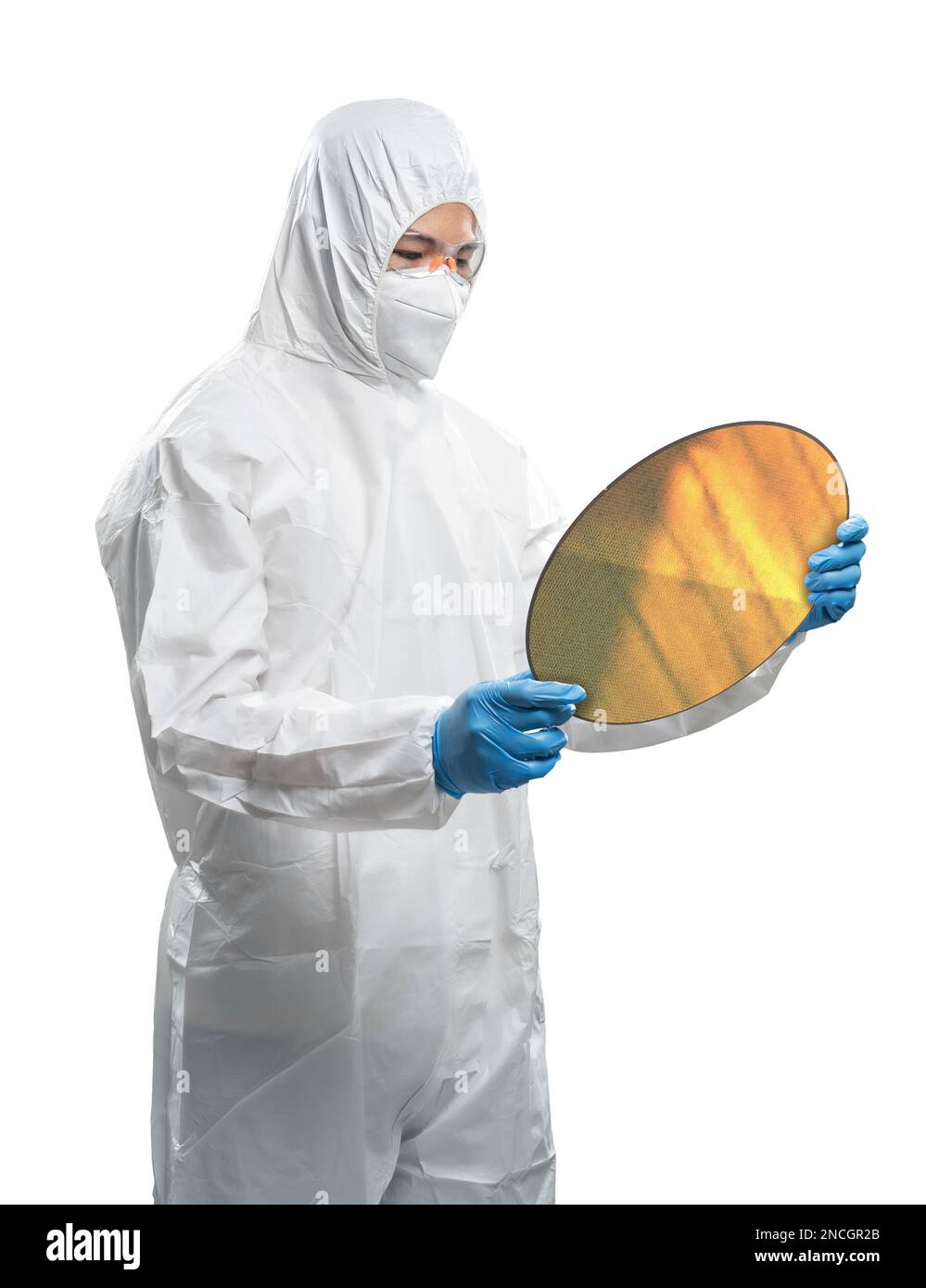 Worker or engineer wears medical protective suit or white coverall suit ...