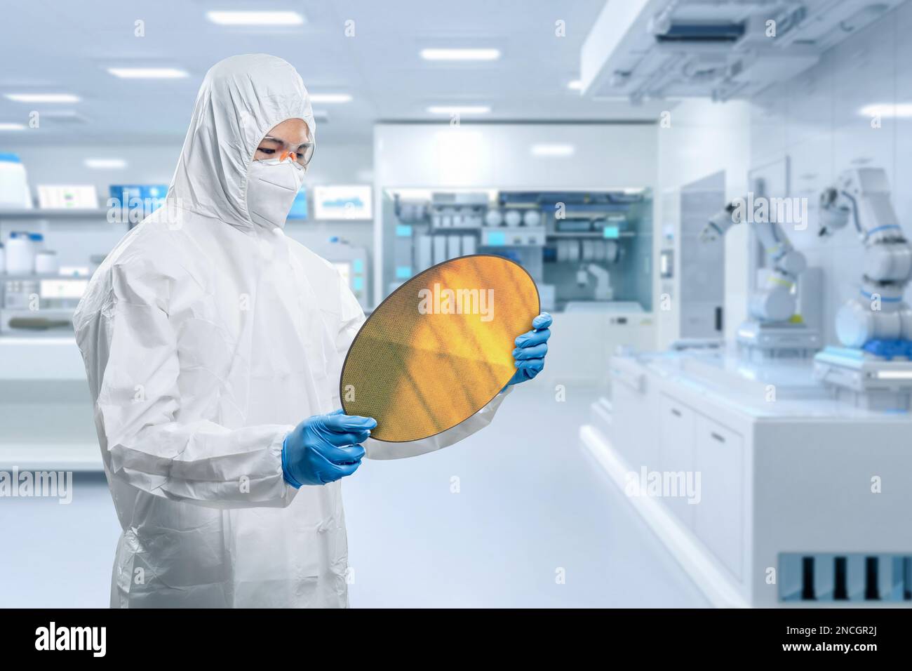 Worker or engineer wears medical protective suit or white coverall suit ...