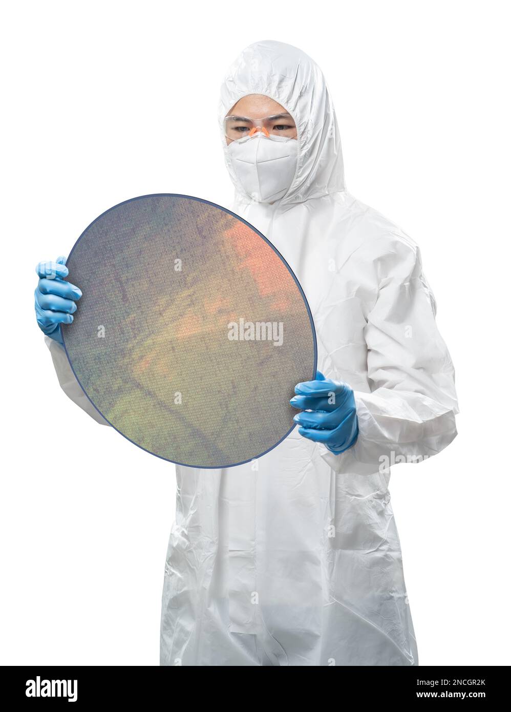 Worker or engineer wears medical protective suit or white coverall suit ...