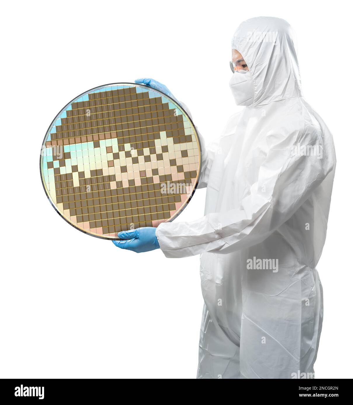Worker or engineer wears medical protective suit or white coverall suit ...
