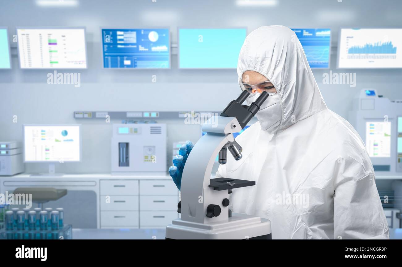 Worker wears medical protective suit or white coverall suit with mask ...