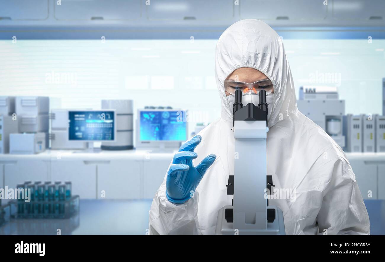 Worker wears medical protective suit or white coverall suit with mask ...