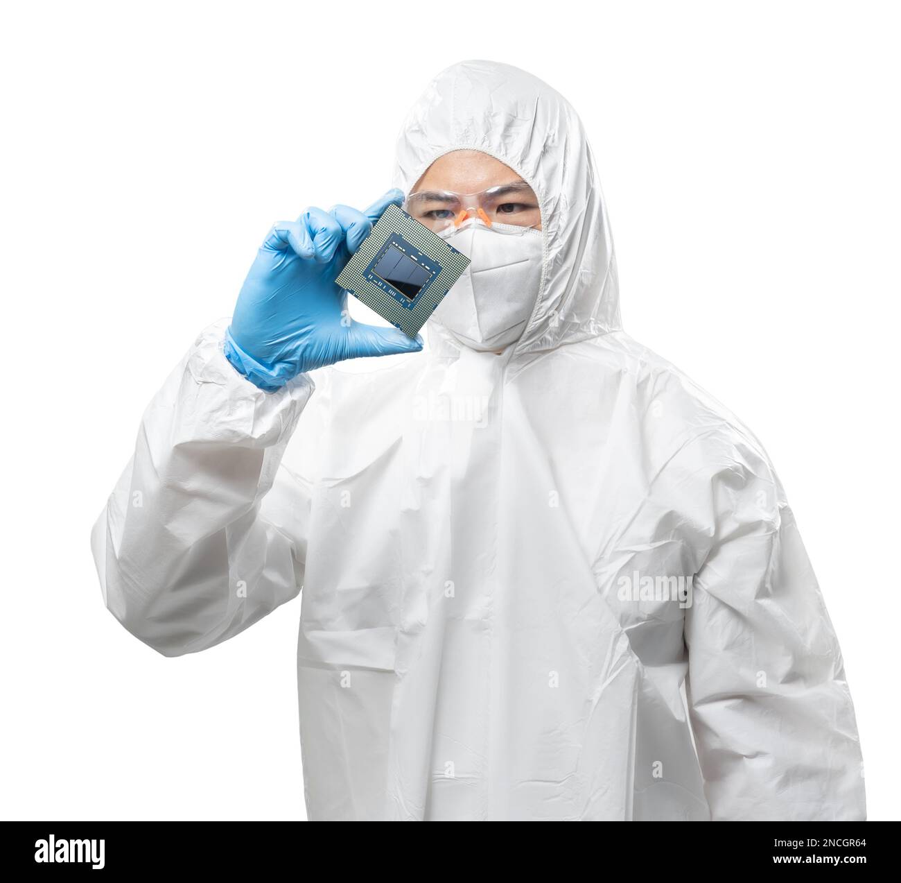 Worker or engineer wears medical protective suit or white coverall suit ...