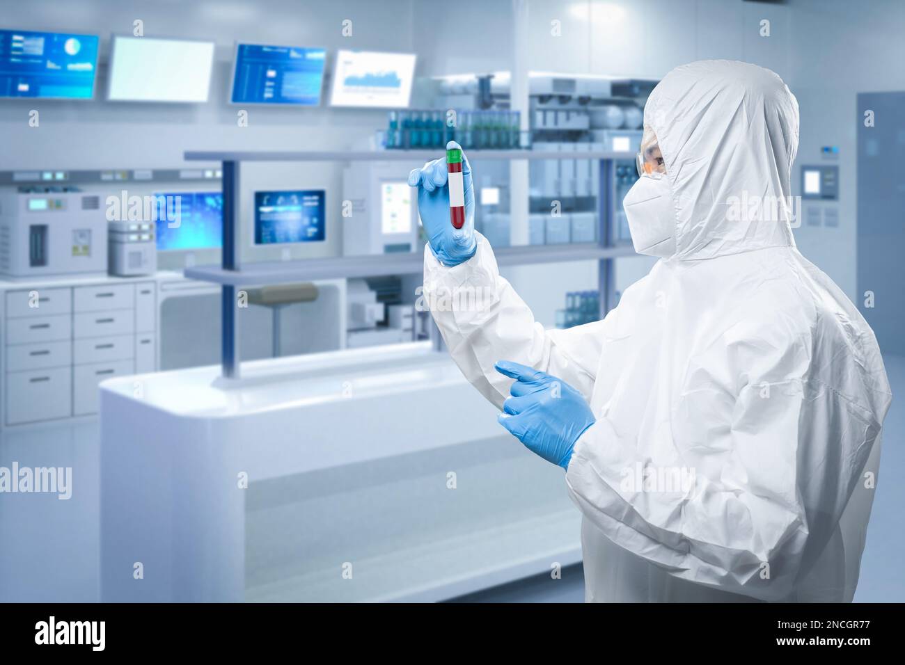 Worker wears medical protective suit or white coverall suit with test ...